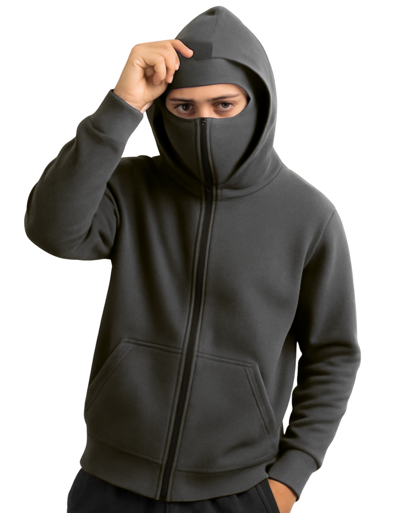Plain Grey Balaclava Ninja Zipper Hoodie Jacket – DS Outfitts